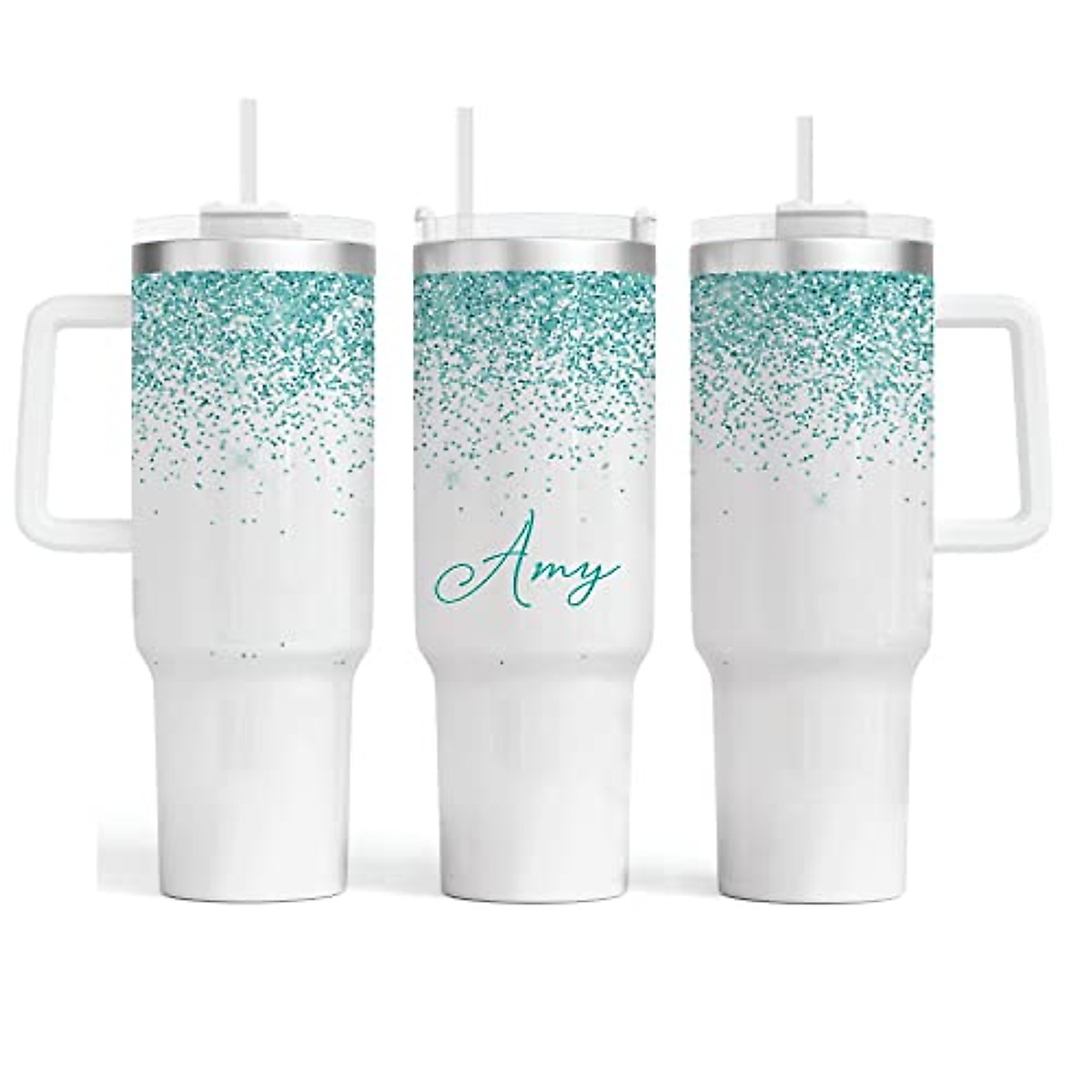 Personalized 40oz Tumbler With Handle and straw | Stainless Steel Insulated Tumbler | Travel Cup | Double Wall Coffee Cup for Hot and Cold Drinks | Teal Glitter Effect with Name
