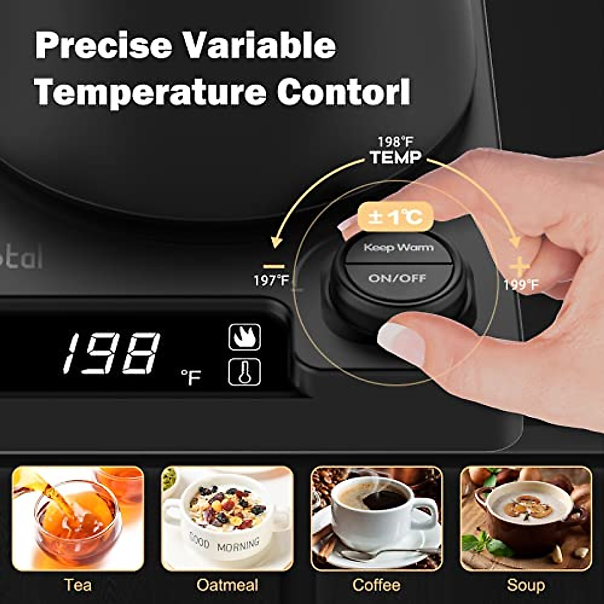 Vmotal Gooseneck Kettle, 1200W Electric Kettle with Fast Heating, Temperature Variable for Coffee Tea Brewing, Stainless Steel, Leak-Proof, 24H Keep Warm, Auto Shut off, Anti-dry Protection, 0.9L