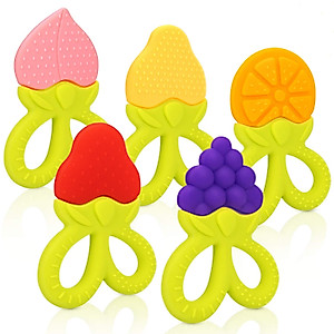 SHARE&CARE BPA Free Silicone Fruit Baby Teether Toys Baby Teething Toys with Storage Case, for 3 Months Above Infant Sore Gums Pain Relief(5 Fruit Trees)