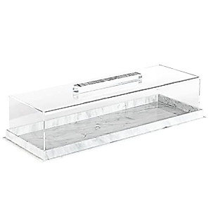Gold Valley Rectangular Cake Tray, Cake Plate Dish with Lucite Display Cover Lid, Dessert Holder Tray, Cake Stand, White Marbleized Grain Rectangle Cake Platter with Lucite Cover, Pastry Base