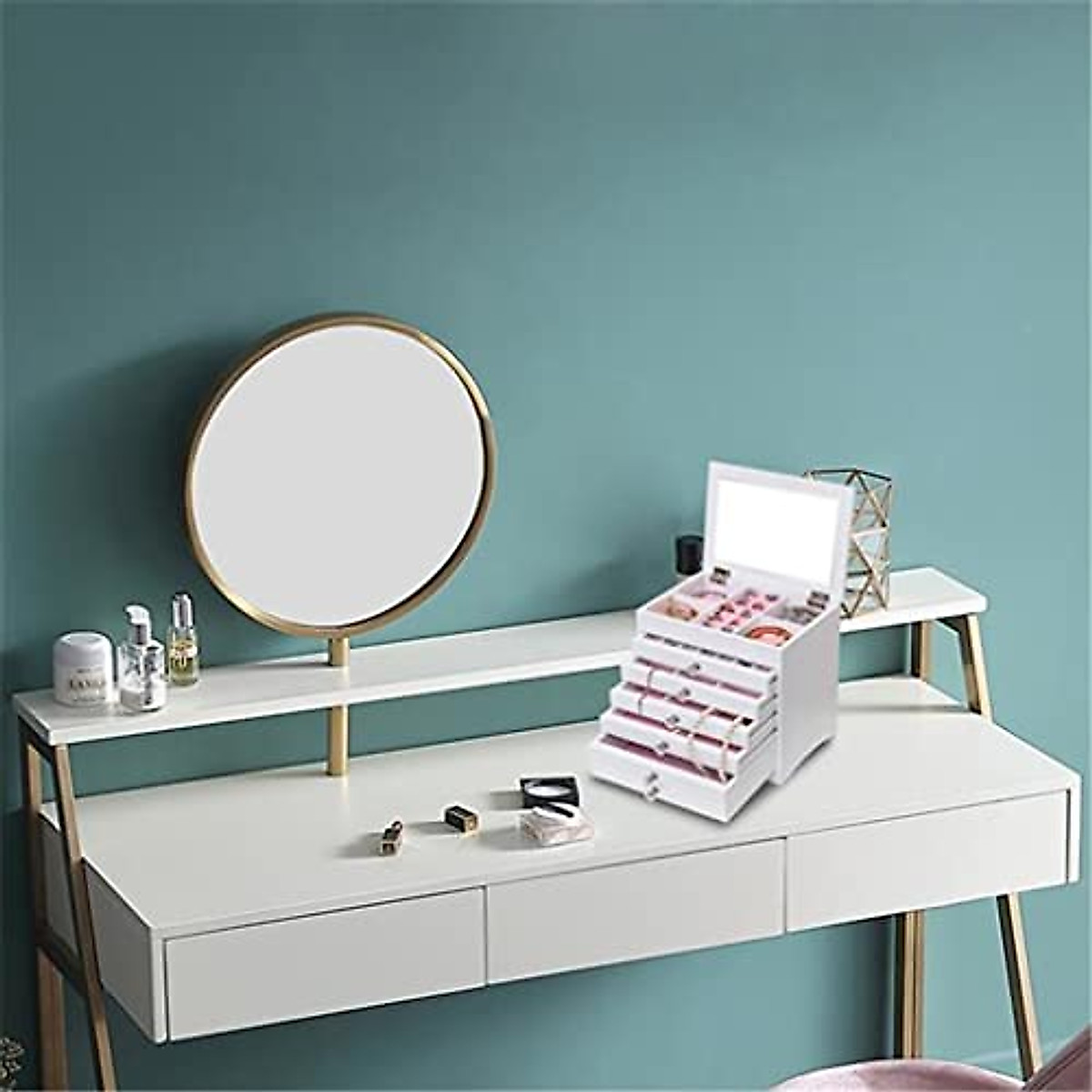 ZSEDP High Large Gloss Wooden Jewellery Box Armoire Bracelet Organizer Storage 5 Layers Glass White US Warehouse