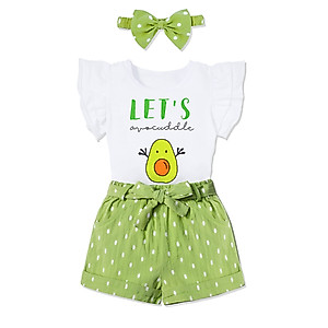 Toddler Girl Clothes 18-24 Months Girl Summer Outfits Baby Girl Clothes Sets with Avocado Ruffle Short Sleeve Top + Green Shorts Pants + Bow Hairband 3Pcs Set