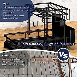 Yilingchild Dish Drainer,Dish Drying Rack with Drainboard,2 Tier Dish Rack for Kitchen Counter, Dish drainers for Inside Sink, Large Dish Strainers with 2 Cup Holder,Extra Drying Mat(Black)