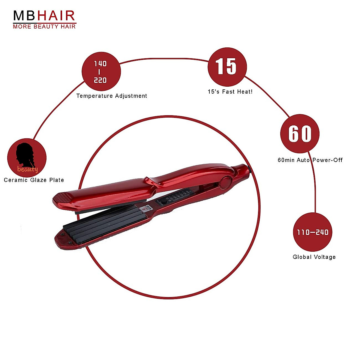 MBHAIR Ceramic Crimper Iron for Fluffy Hairstyle Curling Iron, Corrugation Crimper Hair Irons, Anti Static Ceramic Hair Crimping Iron Adjust Temperature (Red)