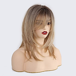 HAIRCUBE Blonde Wigs Shoulder Length Layered Wigs Long Curly Wigs for Women 18 Inch Wigs with Bangs