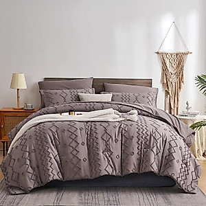 FLYMME Taupe Tufted Twin Comforter Set Bed in a Bag 7 Piece,Boho Shabby Chic Farmhouse Bedding Comforter with Sheets,Soft Lightweight Geometric Embroidery Comforter (Taupe, 68''x 86'')