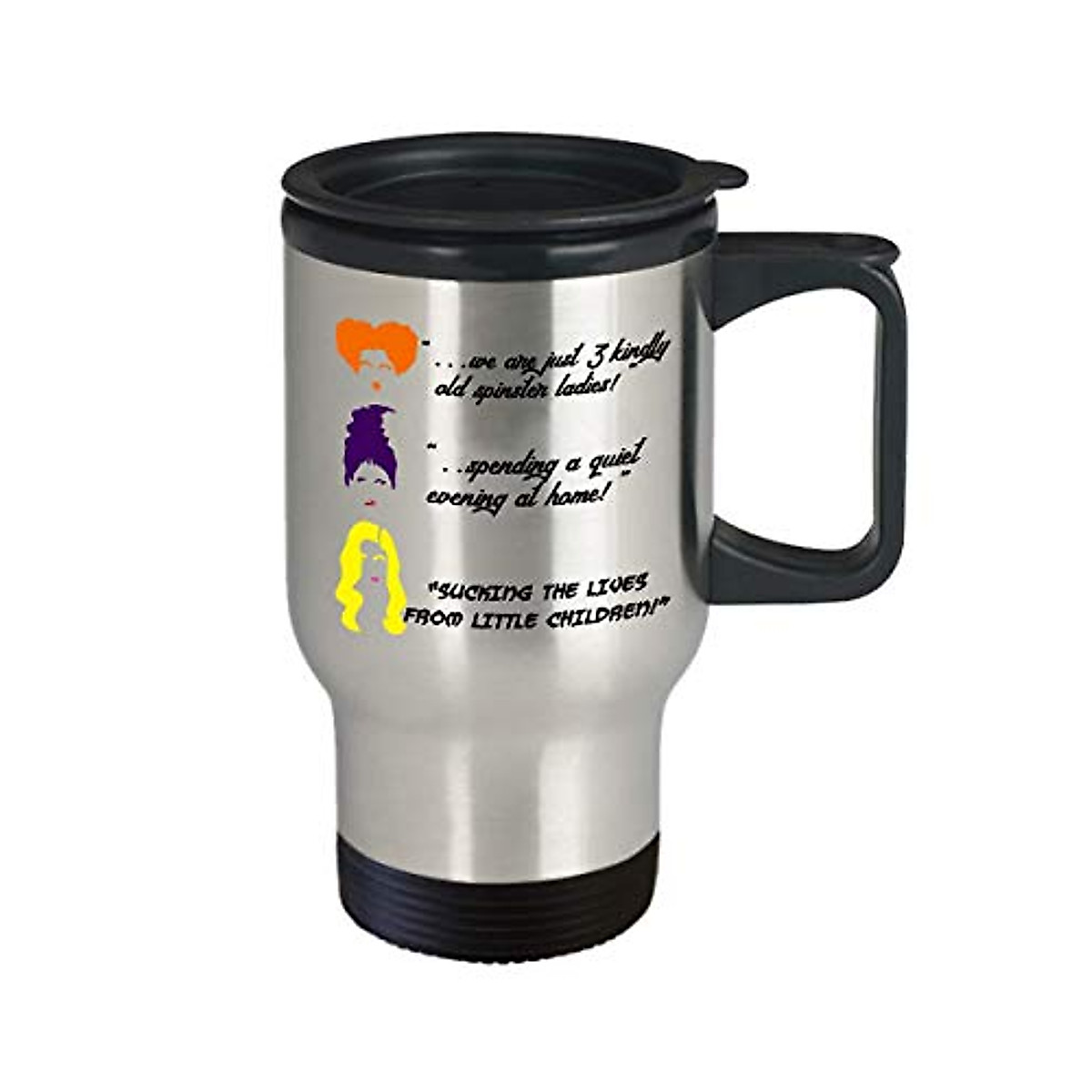 Creator's Cove Hocus Halloween novelty travel coffee mug stainless steel, Winifred Mary Sarah Sanderson sisters decor movie merchandise funny quotes cups, All Hallows eve Samhain, Dani Dennison