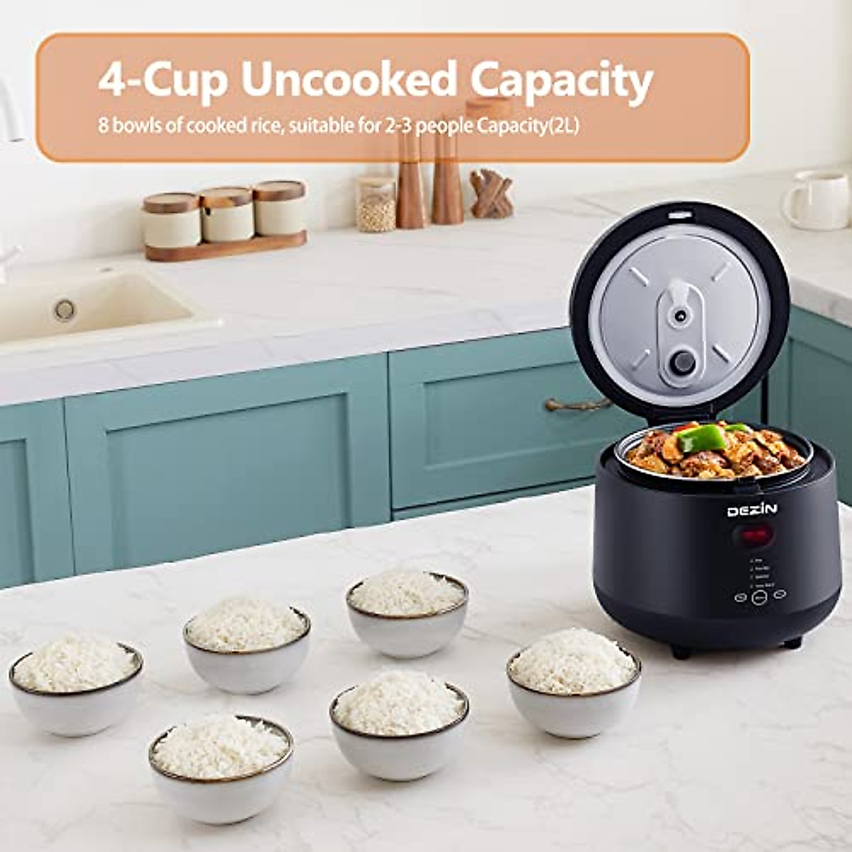 Dezin Rice Cooker 4 Cups Uncooked, Small Rice Cooker Steamer with Removable Nonstick Pot, BPA Free, Keep Warm & 24 Hours Time Delay Function, Mini Rice Cooker for Rice, Simmering Grain, Oatmeal, Quinoa