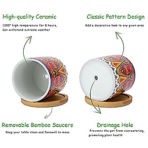 Warmplus Succulent Pots, 3 inch Mandala Planter Pot with Drainage and Bamboo Tray, Small Pots for All House Plants, Succulents, Flowers, Cactus, Pack of 6 - Plants Not Included