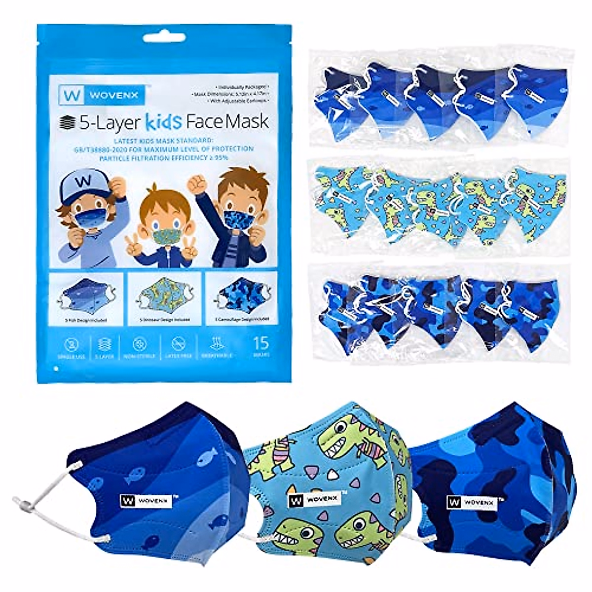 wovenx - FDA Registered, 5 Ply, Kids Face Masks 15 Pack, With Adjustable Earloops, Individually Packaged, Disposable, (Boys Masks: Dinosaur, Fishes, Camouflage)