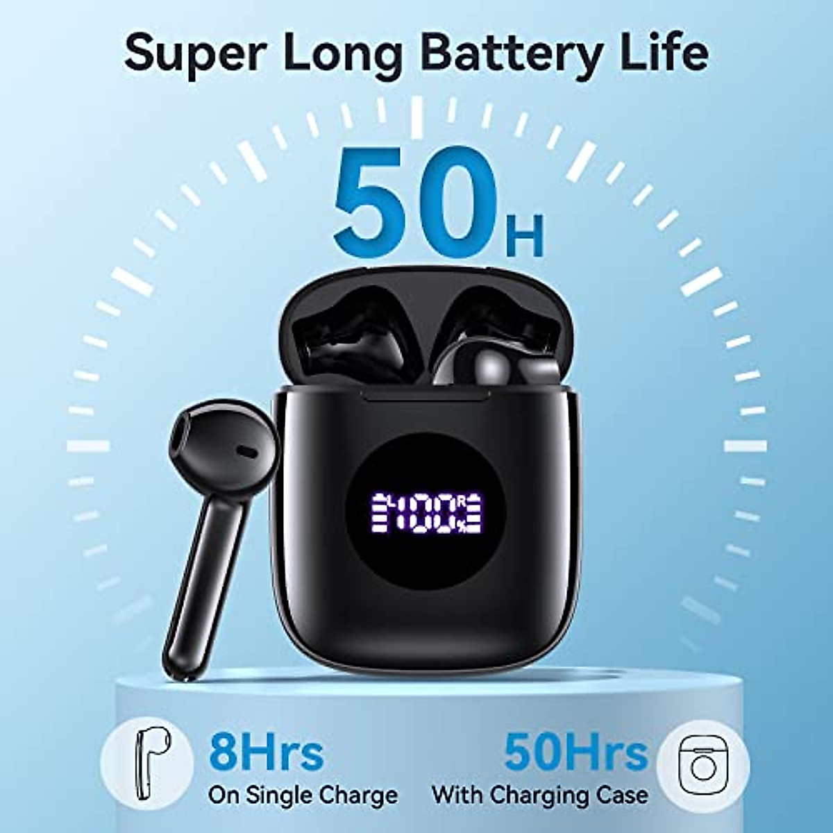 CAPOXO Wireless Earbuds, V5.3 Bluetooth Headphones 50Hrs Battery Life with Wireless Charging Case & LED Power Display Deep Bass Ear buds Waterproof Earphones Microphone Stereo Headset for TV Phone Laptop, N7-BL-2306, Black