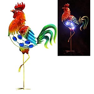 GDF 20" Chicken Decor - Outdoor Rooster Decor Solar Lights -Metal Rooster Garden Decorations for Yard Pathway Lawn Patio Courtyard , Gifts for Her/Him.