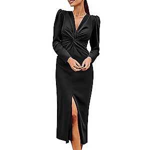 PRETTYGARDEN Women's Fall Fashion 2023 Long Puff Sleeve Maxi Dresses V Neck Twist Front Formal Dress with Slit (Black,Medium)