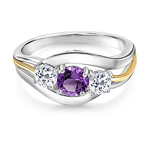 Gem Stone King 925 Sterling Silver and 10K Yellow Gold Round Purple Amethyst and White Topaz 3 Stone Ring For Women (1.14 Cttw, Available In Size 5, 6, 7, 8, 9)