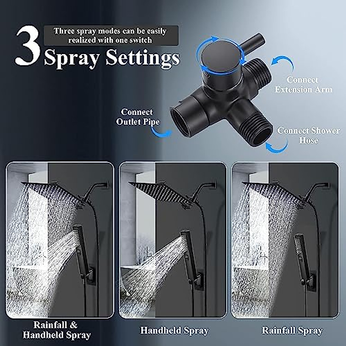 Shower Head Combo,12 Inch High Pressure Rain Shower Head with 13 Inch Adjustable Extension Arm and 2 in1 Settings Handheld,Powerful Shower Spray Against Low Pressure Water with Long Hose(Black)