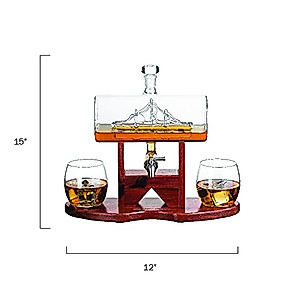 Whiskey Decanter Set, Liquor Dispenser for Home Bar, Crystal Glass - 1250ml Ship & 2 Whiskey Glasses Beautiful Stand Fathers Day, Gift for Dad, Husband or Boyfriend - The Wine Savant 100% Lead-Free