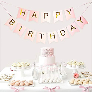 Pink Happy Birthday Banner with Shimmering Gold Letters, Happy Birthday Bunting Banner for Party Decorations, Swallowtail Flag Happy Birthday Sign, gold happy birthday banner for Kids Girls Birthday