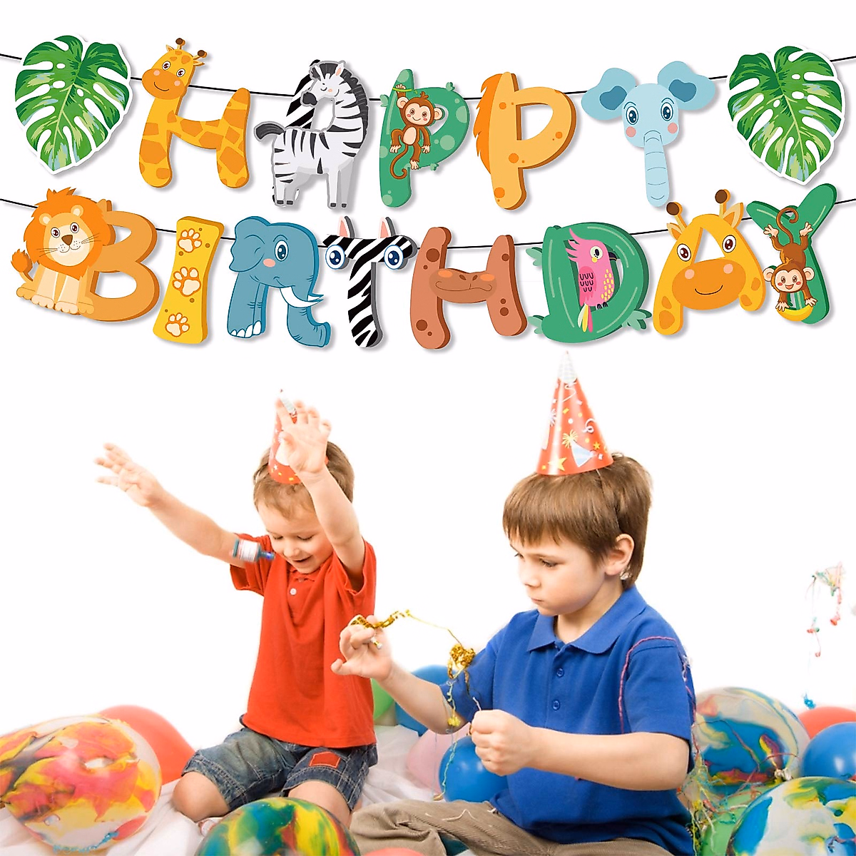 LJCL Safari Animals Happy Birthday Banner, Jungle Party Sign Jungle Animals Theme Bunting Party Decorations Supplies for Safari/Jungle Themed Birthday Party, Two Wild Party Birthday Party Supplies
