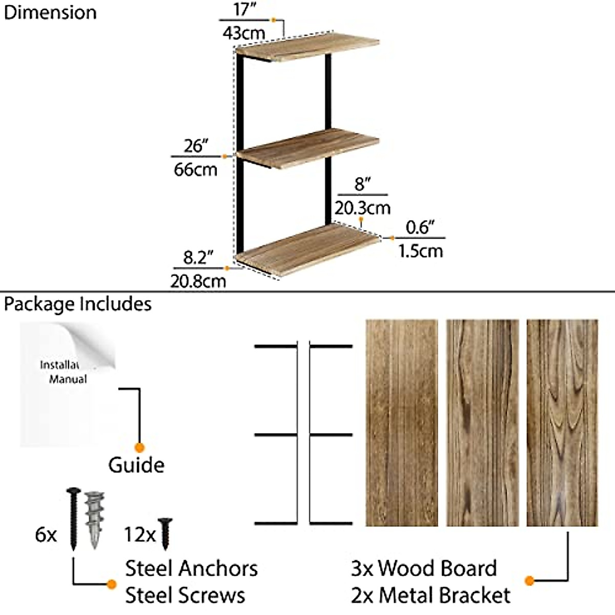 Wallniture Tivoli 17" Floating Shelves Wall Mounted, 3 Tier Shelf for Living Room Decor, Wall Bookshelf, Rustic Wood Wall Shelves for Bedroom, Bathroom Storage Shelves, Kitchen Wall Shelf, Burnt
