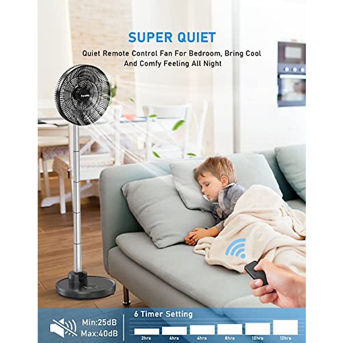FARADAY Oscillating Standing Fan 12” Foldable Portable Quiet Floor Fan 12000mAh Rechargeable Pedestal Fan with Remote, Timer Setting, Height Adjustable Foldaway Fan for Bedroom Home Office, 6 Speed
