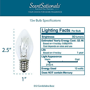 Scentsationals 15w Bulbs for Accent Wax Warmer, 15 Watt Light Candelabra E12 Base - Replacement Electric Wall Plug-in Wax Melter Candle, Certified Style C7 120 Volt (2 Bulbs)
