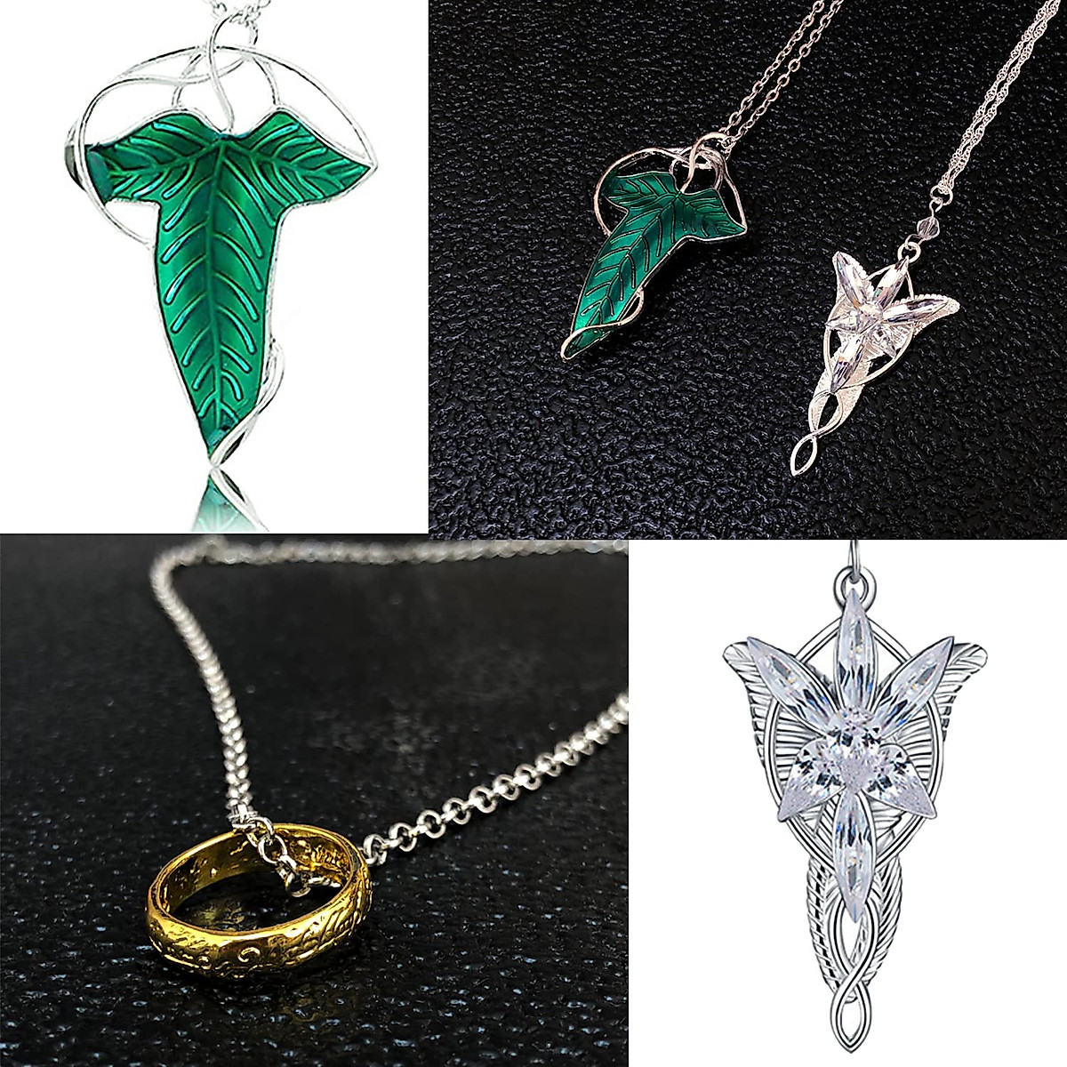 HJYZY 3 pcs Hobbit Necklace Gold Tone The Ring Pendant Necklace Vintage Green Leaf Elven Pin Brooch Pendant Chain Necklace