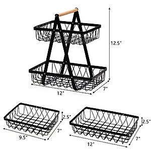 Dicunoy Metal Storage Basket with Handles, 2 Tier Wire Farmhouse Organizer Bin, Rustic Style Black Basket for Home, Kitchen Cournertop, Pantry, Fruit, Coffee, Pasta, Bathroom, Office, Living Room