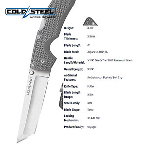 Cold Steel Voyager Large 4" AUS10A Tanto Point Razor-Sharp Blade 5.25" Griv-Ex Handle Everyday Carry Tactical Folding Knife w/Tri-Ad Lock