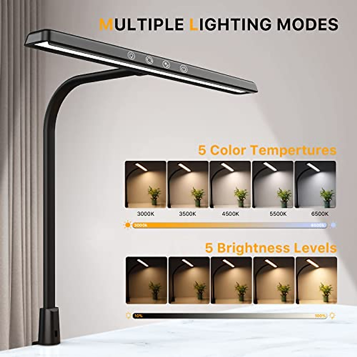 Levotar Led Desk Lamp, 24W Eye-Caring Architect Desk Lamps for Home Office, 1800LM Large Auto Dimming Overhead Desk Light with USB Charging Port, 45 Minutes Timer, 5 Color Modes