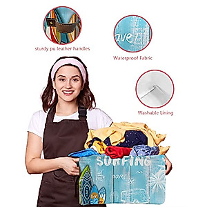 Storage Basket Summer Surfing Storage Bins Decorative Surfboard Tropical Palm Leaf Wood Grain Foldable Baskets for Toys Decorative Baskets for Closet Nursery