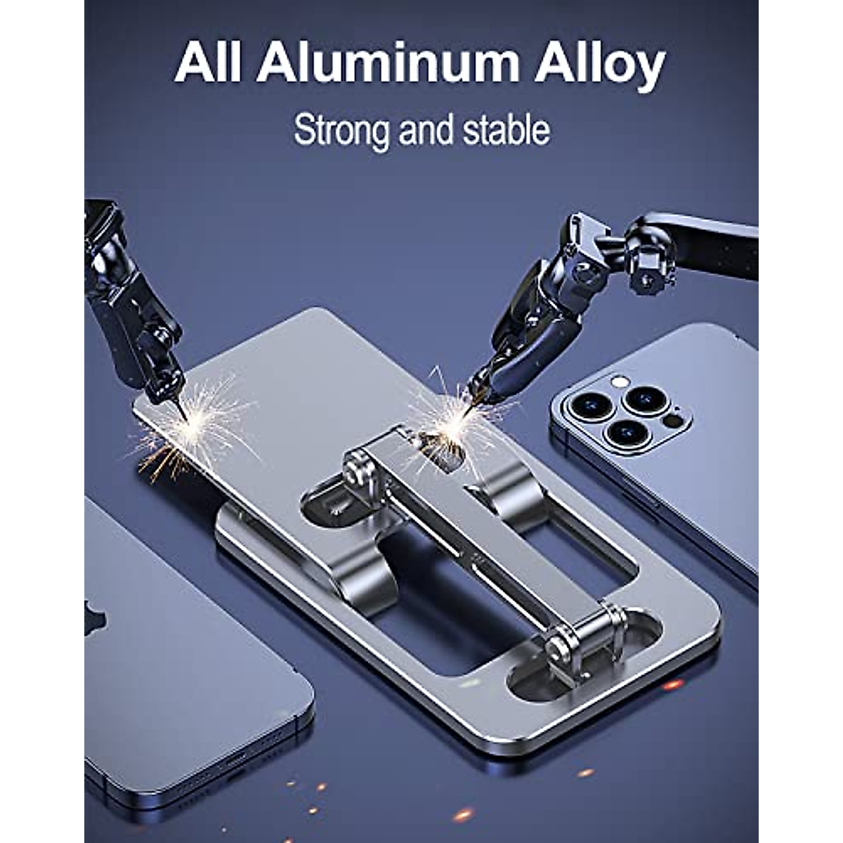 Folding Cell Phone Stand, Adjustable Desktop Phone Holder Dock Compatible with Phone 14 13 12, Plus, Pro, Pro Max, Samsung Galaxy S22 S10, 4-10 inch Tablet (Silver)