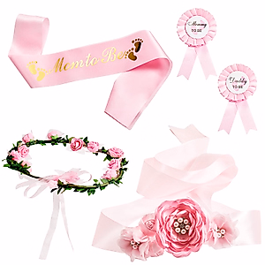 Xinnun 5 Pcs Baby Shower Maternity Sash Kit Shoulder Sash and Pin Daddy Corsages Flower Crown Pregnancy Sash Rose Wreath Headdress for Baby Shower Pregnancy Parents Prop Present Party Favor(Pink)