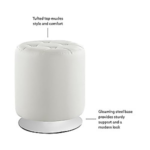 Linon White Sikes Faux Leather Tufted Swivel Ottoman with Chrome Base