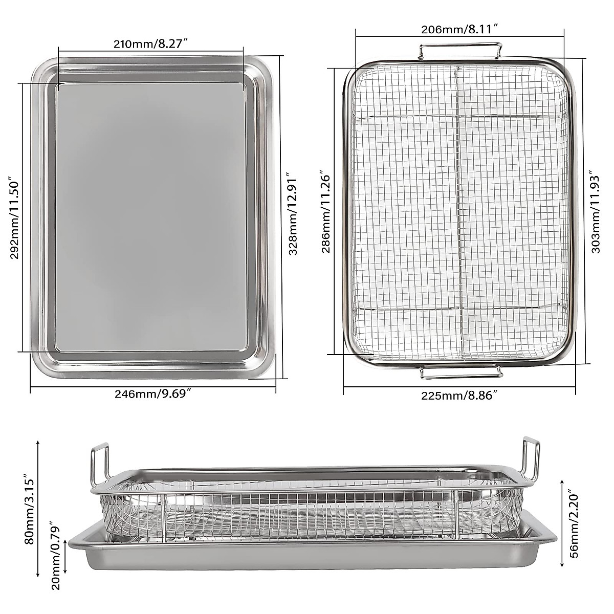 2 Pieces Air Fryer Basket for Oven,Stainless Steel Oven Air Fryer Basket and Tray for Baking Grilling，for Baking and Crispy Chicken, French Fries and Onion Rings