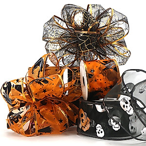 MEEDEE Halloween Ribbon - 6 Rolls, 36 Yards, Wired, Purple, Orange, Black, Skull Pattern