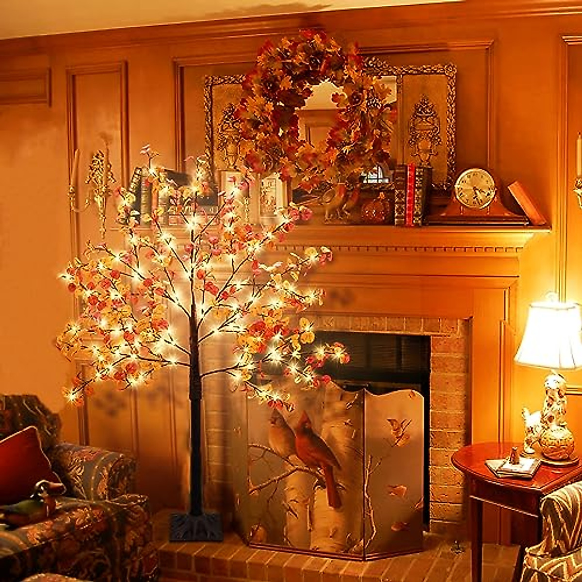 Agusbagli 4FT 140LED Lighted Fall Eucalyptus Tree Thanksgiving Fall Decorations with Timer & 8 Modes Artificial Fall Trees with Lights & 336 Leaves Fall Light Up Tree Harvest Indoor Outdoor Fall Decor