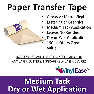 Vinyl Ease 12 inch x 150 feet roll of Paper Transfer Tape with a Medium Tack Layflat Adhesive. Works with a Variety of Vinyl. Great for Decals, Signs, Wall Words and More. V0844