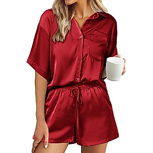 PRETTYGARDEN Women's 2 Piece Satin Pajama Sets Short Sleeve Button Down Tops And Shorts Set 2024 Summer Pjs Silk Sleepwear (Red,Medium)