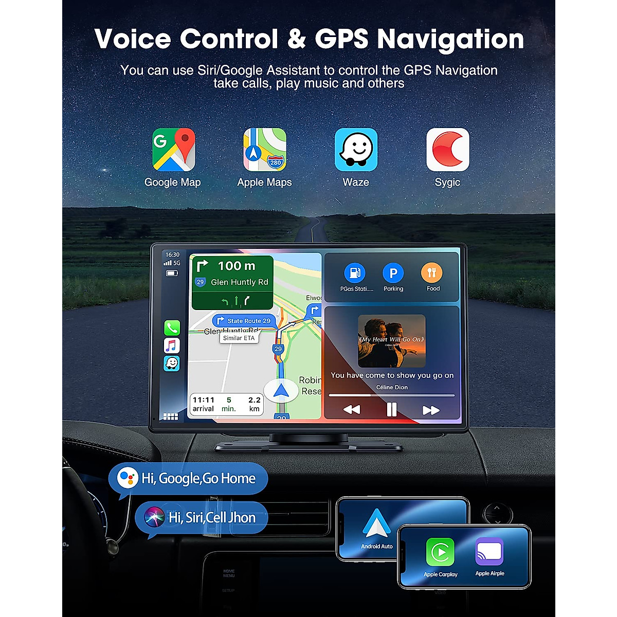 LAMTTO 9 Inch Wireless Car Stereo with Apple Carplay & Android Auto,Portable Touch Screen GPS Navigation for Car,Car Audio Receivers with Bluetooth,Airplay,AUX,Screen for All Vehicles