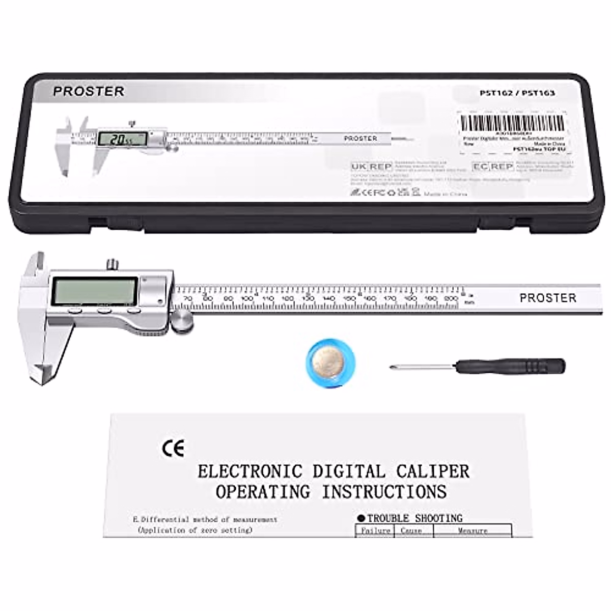 Proster Digital Vernier Caliper 8inch 200mm - Stainless Steel Electronic Caliper Fractions/Inch/Metric Caliper Measuring Tool for Length Width Depth Inner Diameter Outer Diameter