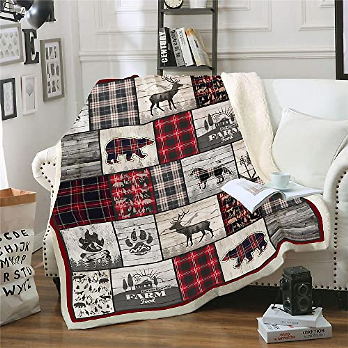 Wolf Bear and Deer Throw Blanket Rustic Cabin Decor Woodland Blanket Plaid Christmas Blanket Gifts for Women Southwestern Farmhouse Decor for Couch Bed Livingroom