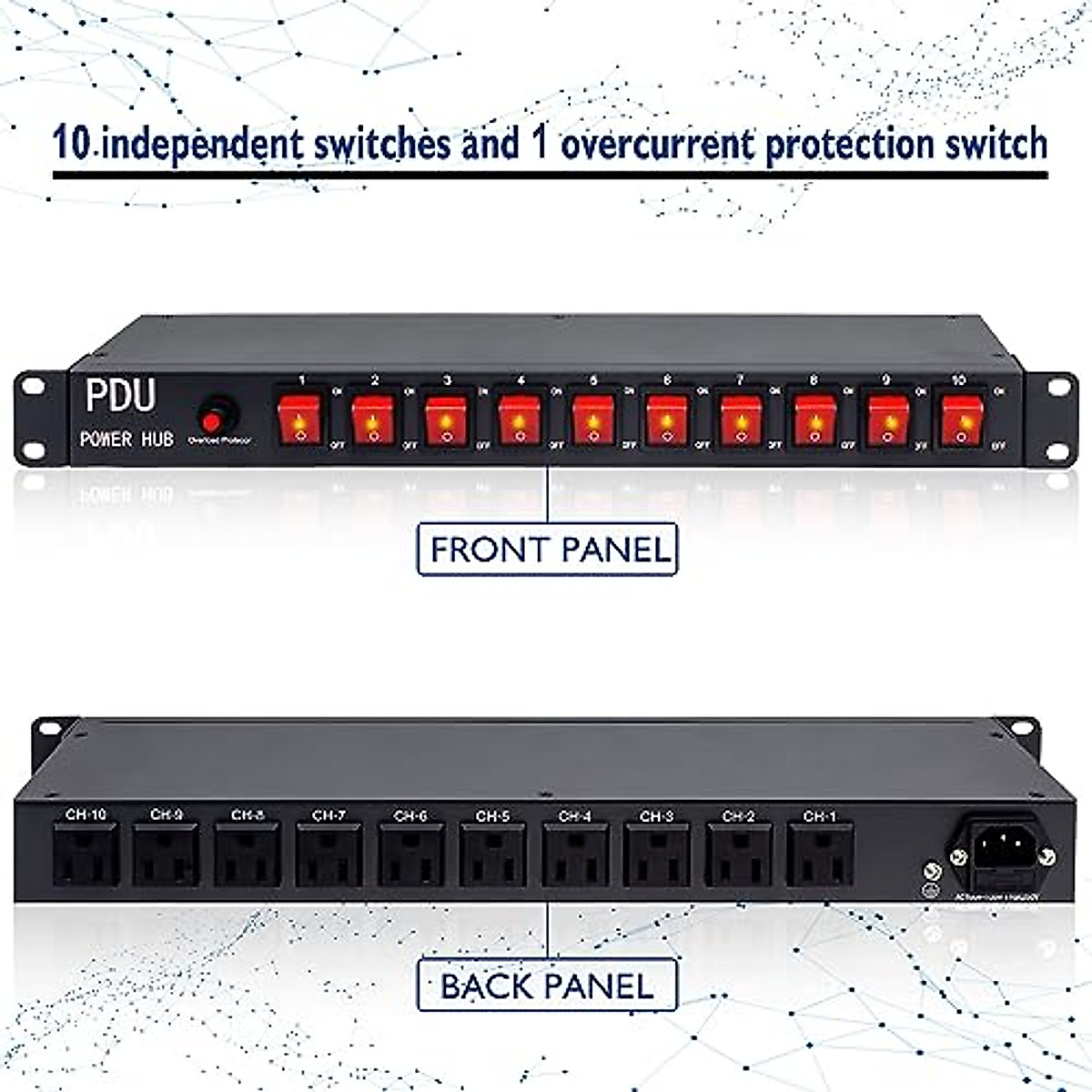 10 Outlet Horizontal 1U Rack Mount PDU Power Strip - Surge Protection,10 Individual Led Switches，AC 100V-240V-15A.for Network Server Racks, 6 Feet Heavy Power Cord