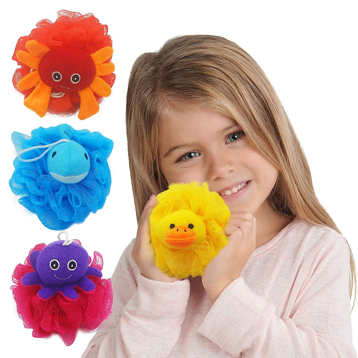 Bleu Bath (4 Pack) Lovely Animal Design Kids Exfoliating Bath Scrubber Body Scrubber Shower Ball for Baby Toddler Kids Gentle Exfoliating Bath Sponge Loofah Pouf in Colorful Design