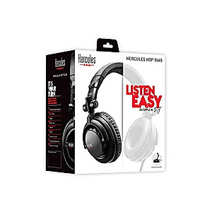 Hercules HDP DJ45: Closed-back headphones for DJs. Foldable, with pivoting earpieces and a 6.6-foot/2-meter cable