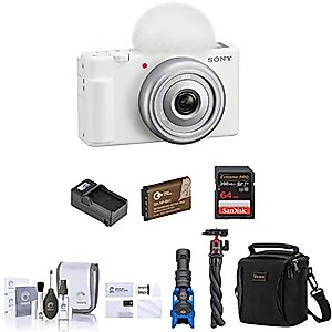 Sony ZV-1F Vlogging Camera, White Bundle with 64GB SD Card, Shoulder Bag, Shotgun Mic, Tripod, Extra Battery, Charger, Cleaning Kit