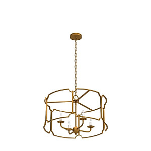 LALUZ Gold Drum Chandelier, 4-Light Modern Dining Room Chandelier Lighting, Large Round Gold Pendant Light Fixture for Kitchen, Foyer & Living Room, Brushed Antique Gold Finish, 22’’ D x 15’’ H