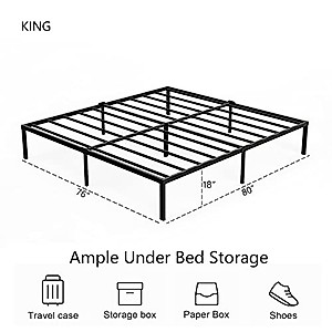 LIJQCI King Size Bed Frame, 18 Inch King Bed Frame No Box Spring Needed, Metal Platform Heavy Duty Mattress Foundation Steel Slat Support 3000 lbs, Easy Assemble, Non Slip, Noise Free, Black