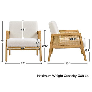 Yaheetech Boucle Fabric Accent Chair, Vintage Rattan Vanity Chair with Wood Armrest and Legs for Living Room Bedroom Makeup Room, Ivory 1