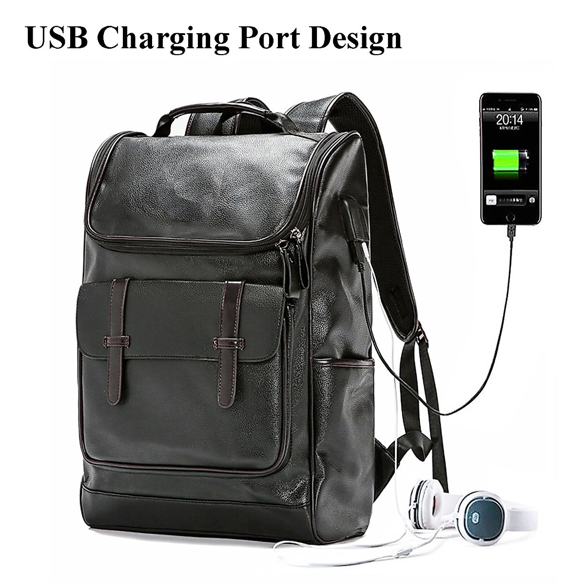 CHAO RAN Vintage Leather Backpack For Men Business Laptop Backpack With Charge Port Black Waterproof College School Bag