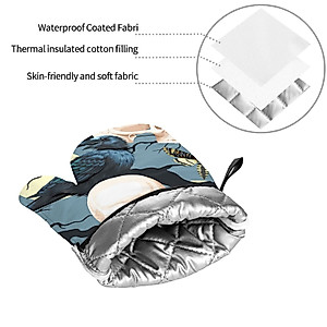 EZDNAGP 4pcs Oven Mitts and Pot Holders Sets Oven Kitchen Gloves Hot Pads for Cooking BBQ Baking Grilling - Raven Skull Bird Death Butterfly